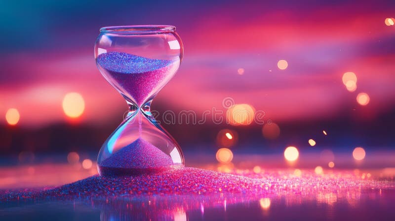 Pink Glitter Hourglass on Reflective Surface Under Vibrant Sunset Sky ...