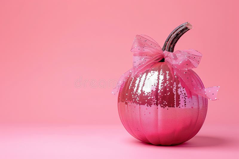 Pink Glitter Pumpkin with Shiny Sequin Surface and Ribbon on Pink ...