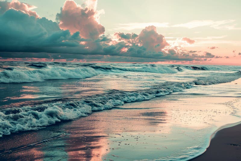 Pink Glow on Ocean Waves, Turquoise Horizon, Generative AI Stock ...