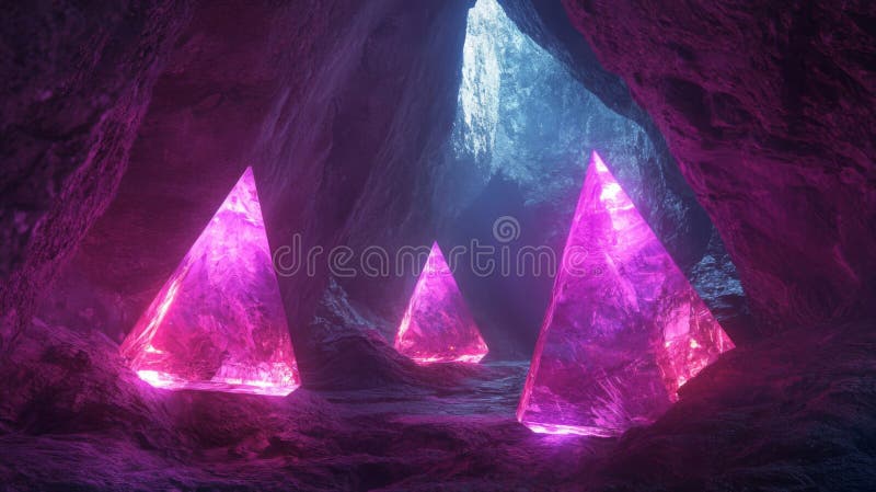 Pink Glowing Crystal Triangles Inside a Dark Cave with Geological ...