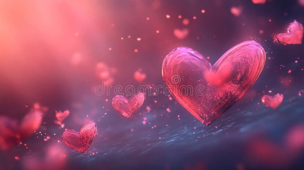 Pink Glowing Hearts Floating on Dark Background Stock Illustration ...