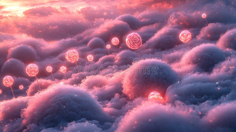 Pink Glowing Spheres Above Fluffy Clouds at Sunset Stock Illustration ...
