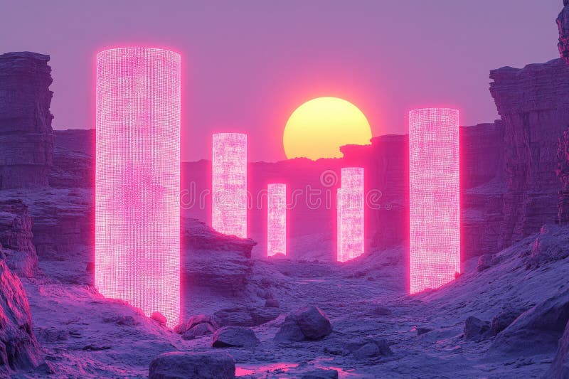 Cyberpunk Desert Sunset: Glowing Pillars of Light Stock Illustration - Illustration of rocks ...