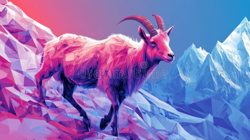 Pink Goat on Geometric Purple and Blue Mountains Stock Illustration ...