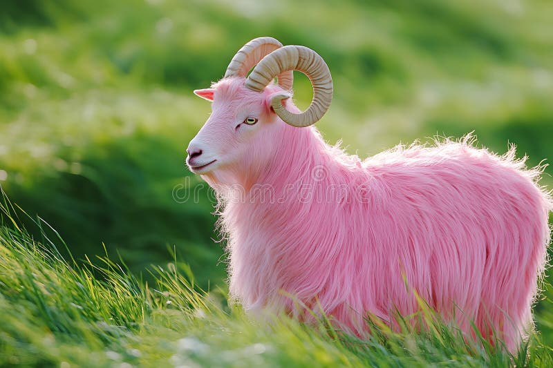 Pink Goat in Green Grass: a Fluffy, Horned Creature Stock Illustration ...