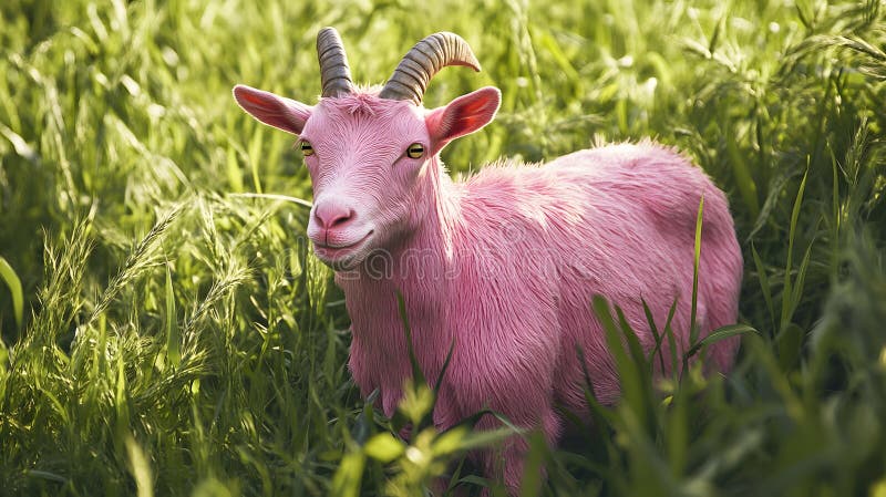 Pink Goat in Green Grass: a Surreal Farm Scene Stock Illustration ...