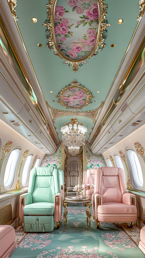 A Pink and Gold Airplane with a Chandelier Stock Photo - Image of ...