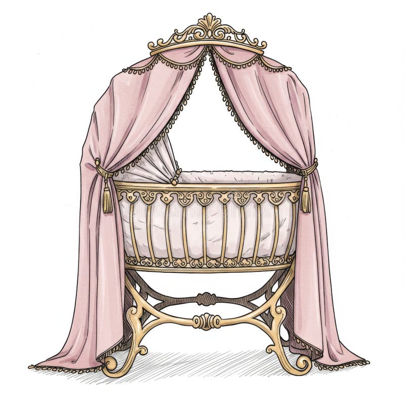 Pink and Gold Baby Cradle with Canopy Illustration Stock Illustration ...