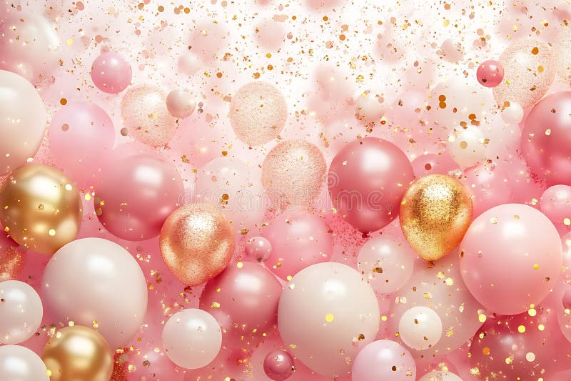 Pink and Gold Balloons, Confetti Background Stock Illustration ...