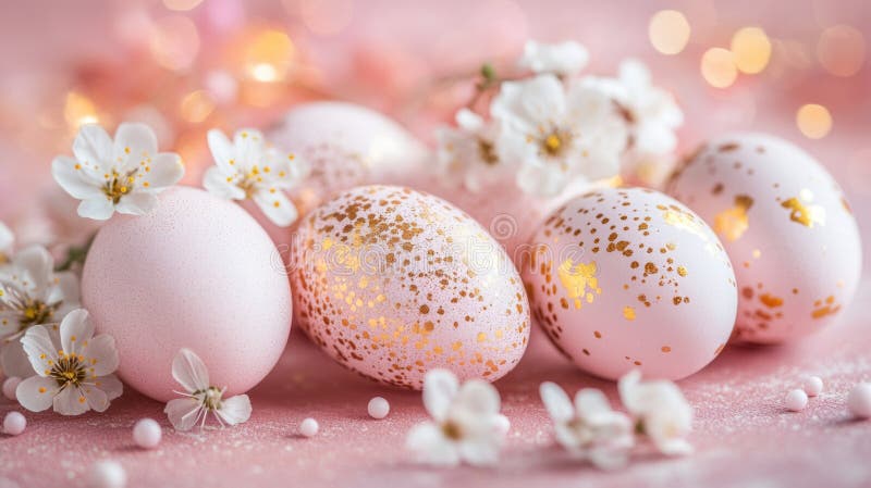 Pink and Gold Easter Eggs with Cherry Blossoms on Pink Background ...