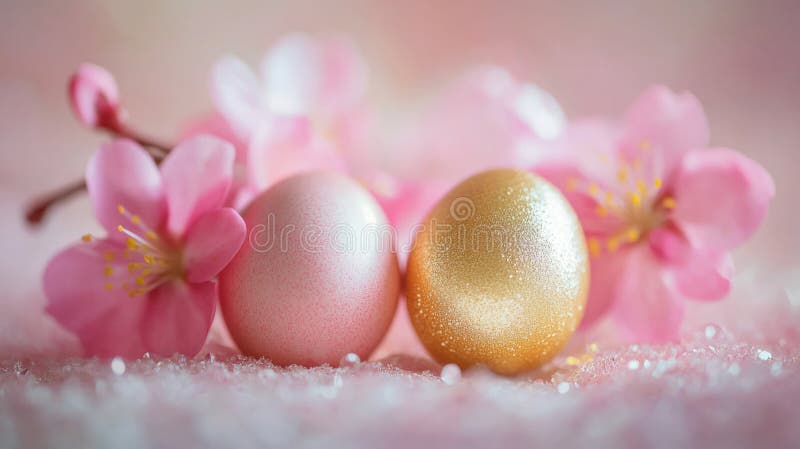 Pink and Gold Easter Eggs with Cherry Blossoms on Sparkling Surface ...