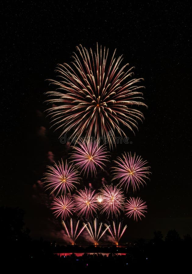 Pink and Gold Fireworks Display at Night Stock Illustration - Illustration of summer, vivid ...