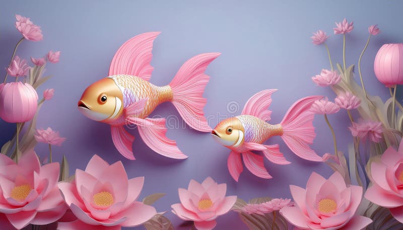 Pink Gold Fish in Aquarium 3d Style, Generative Ai Stock Illustration ...