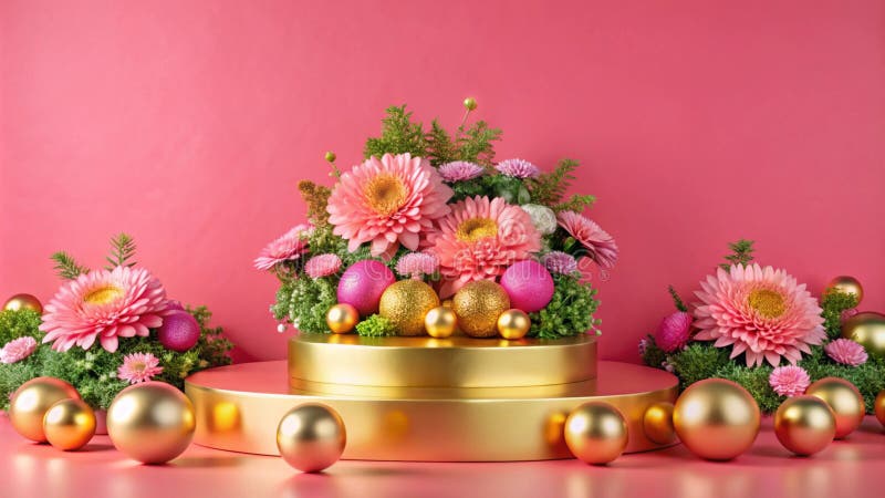 Pink and Gold Floral Podium with Round Platform and Floral Decorations ...