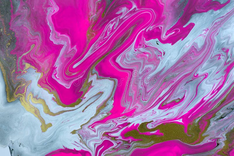 Pink, Gold and White Mixed Inks Spilled on White Background. Golden ...