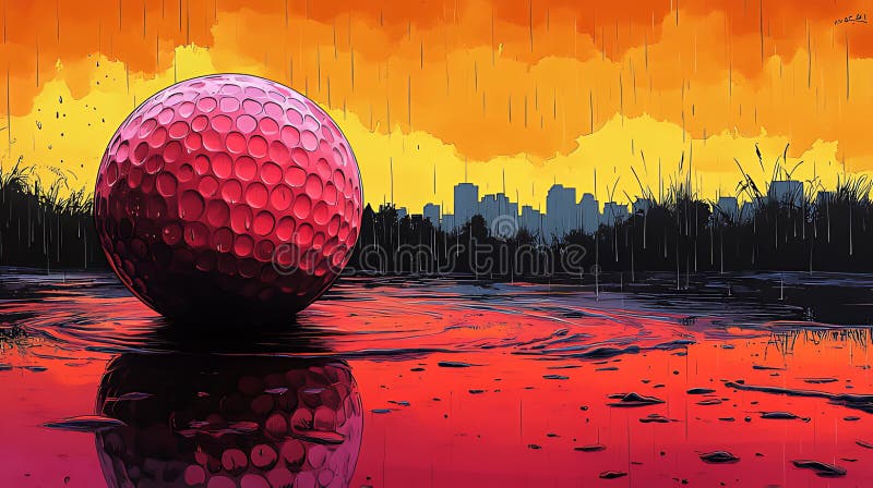 Pink Golf Ball in Rain Puddle, City Skyline Backdrop, Dramatic Sunset ...