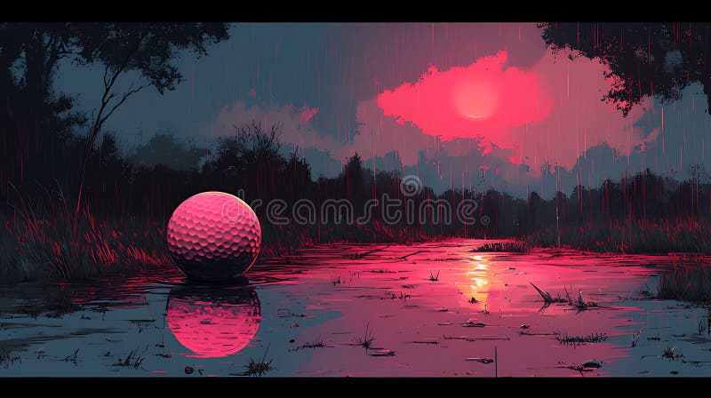 Pink Golf Ball in Rain, Sunset Marsh, Digital Art Stock Illustration ...