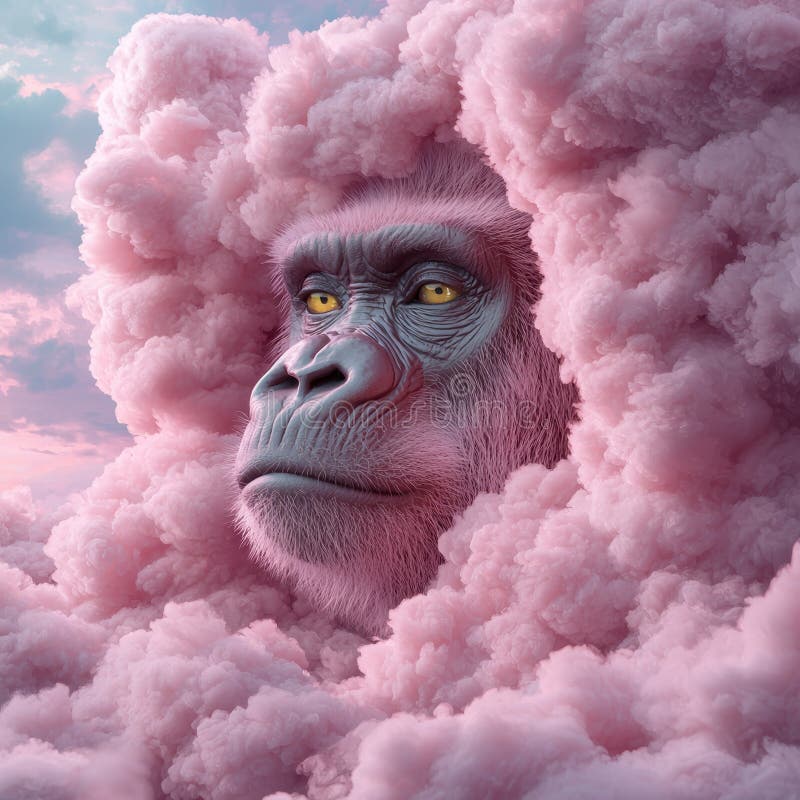 A Pink Gorilla Emerges from a Cloud of Cotton Candy. Stock Illustration ...