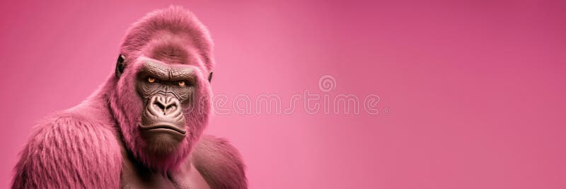 Pink Gorilla Staring into the Camera Over Pink Background with Copy ...