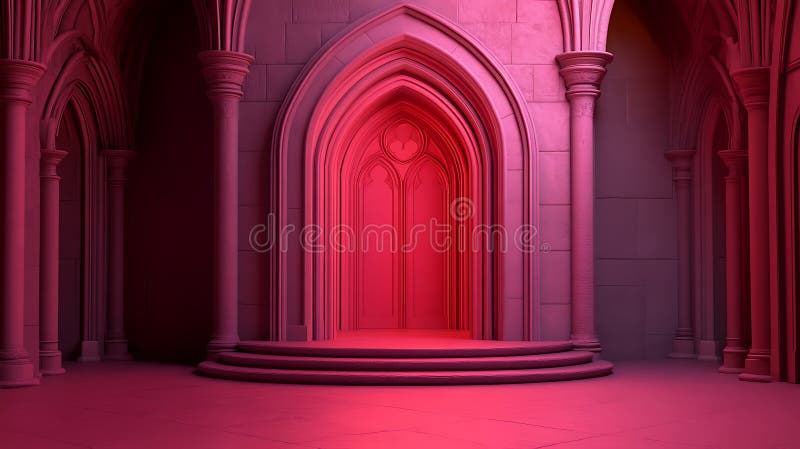 Pink Gothic Architecture Interior with Steps and Doorway Stock ...
