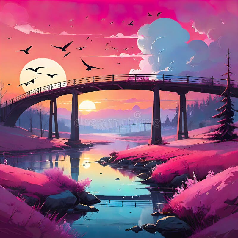 Pink Gradient Spring Landscape with Sunset and Bridge, Illustration for ...