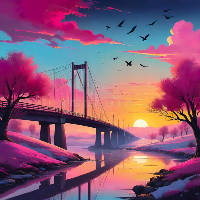 Pink Gradient Spring Landscape with Sunset and Bridge, Illustration for ...
