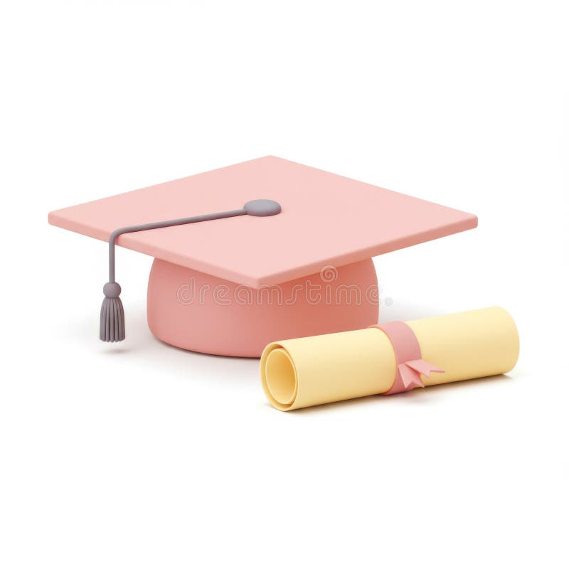 Pink Graduation Mortarboard Cap with Diploma Scroll on White Background ...