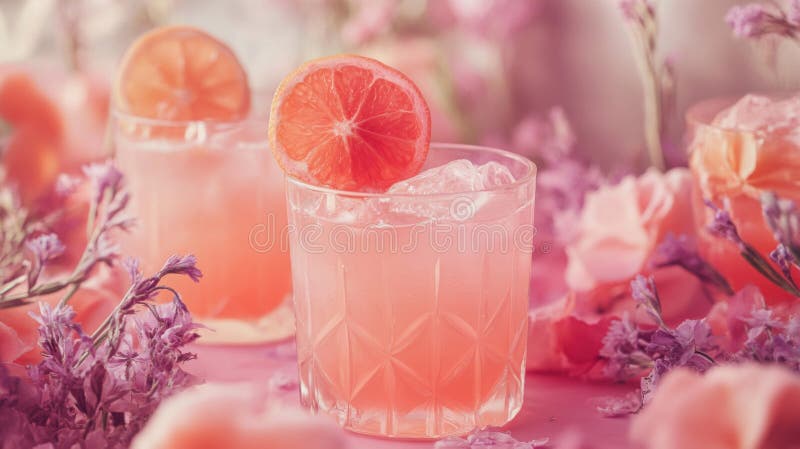 Pink Grapefruit Cocktail with Floral Garnish Stock Illustration ...