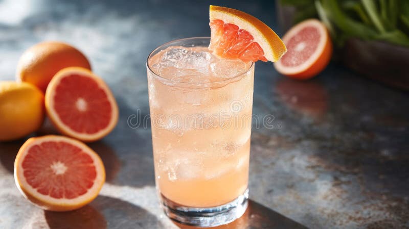 Pink Grapefruit Cocktail with Ice on Grey Background Stock Illustration ...