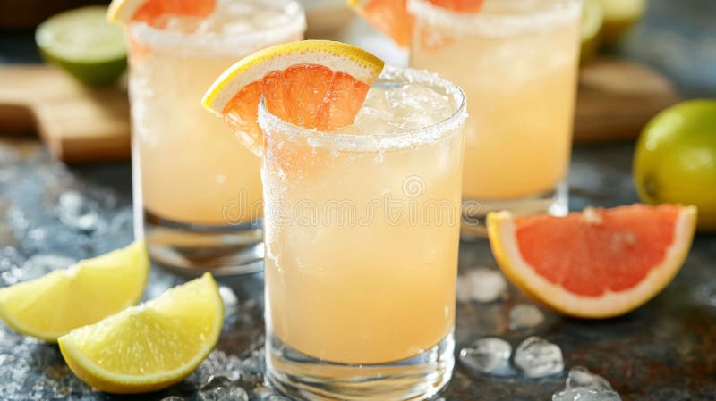 Pink Grapefruit Cocktails with Lime and Salt Rim Stock Illustration ...