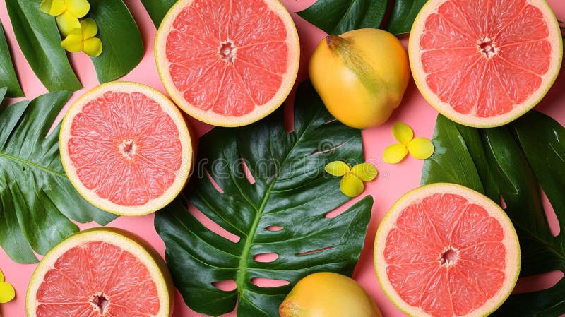 Pink Grapefruit, Tropical Leaves, and Yellow Flowers on a Pink ...