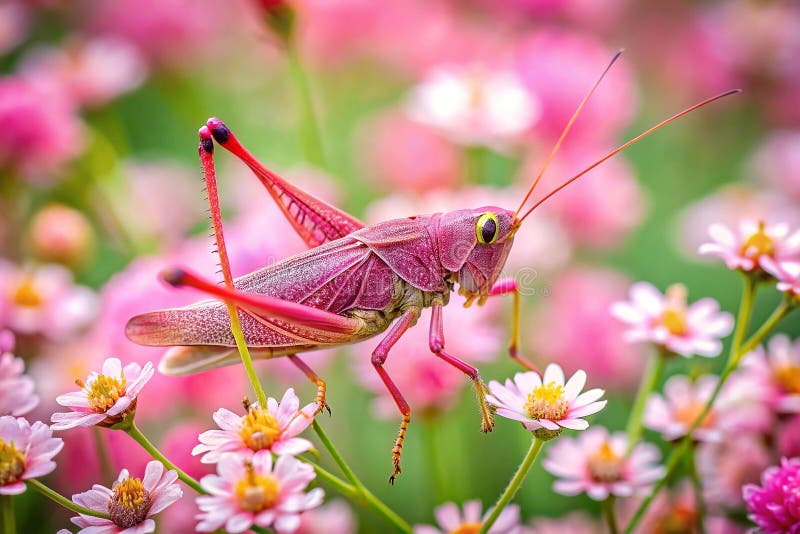Pink Grasshopper on Pink Flowers, Garden Setting Stock Illustration ...