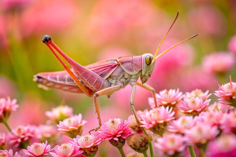 Pink Grasshopper on Pink Flowers, Garden Setting Stock Illustration ...