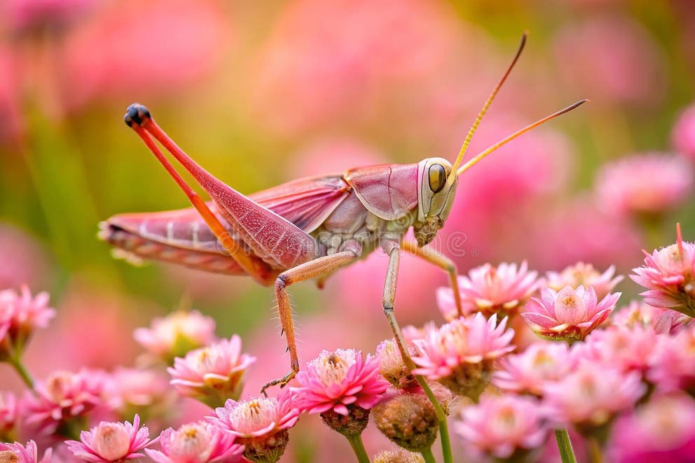 Pink Grasshopper on Pink Flowers, Garden Setting Stock Illustration - Illustration of detail ...