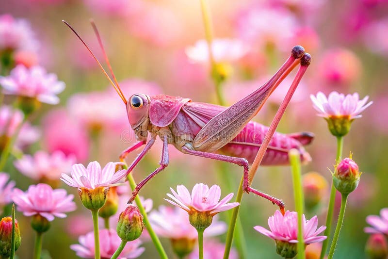Pink Grasshopper on Pink Flowers in Sunlight Stock Illustration ...