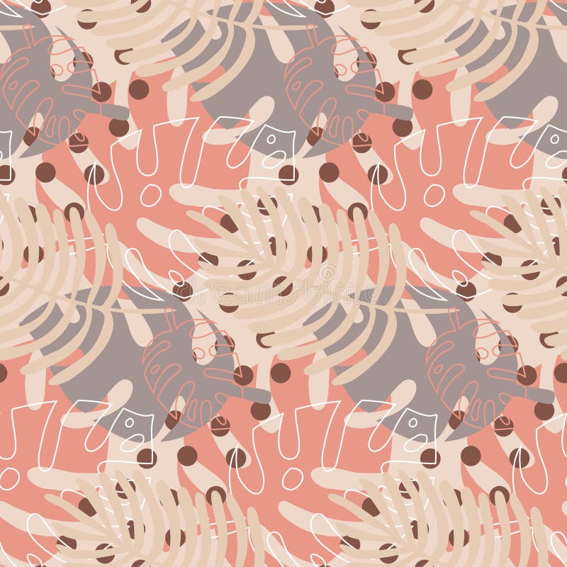 Pink Gray Pastel Tropical Pattern with Palm Leaves Seamless Pattern ...