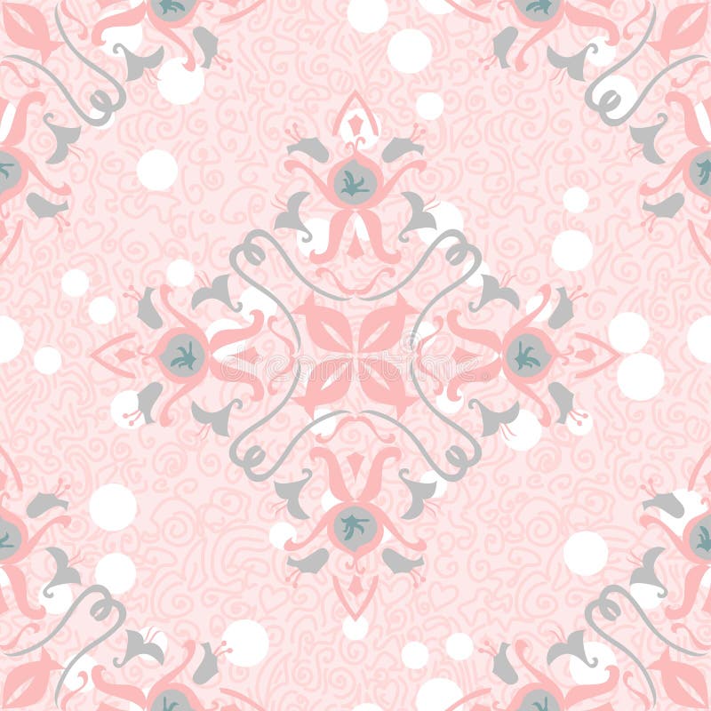 Pink and Grey Ornate Diamond Shaped Repeat Pattern with White Polka ...