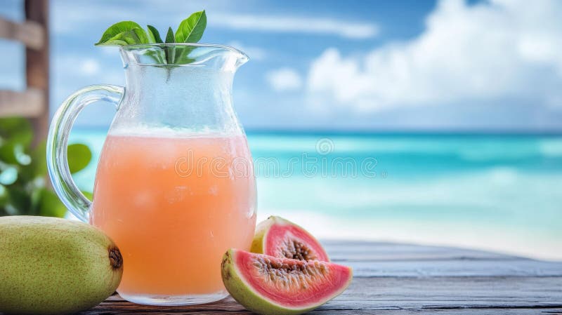Pink Guava Juice Pitcher on Beach Table Stock Illustration ...