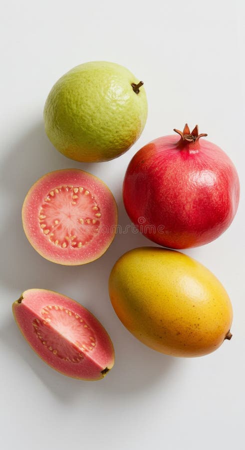 Pink Guava, Red Pomegranate, and Yellow Mango on White Background Stock ...