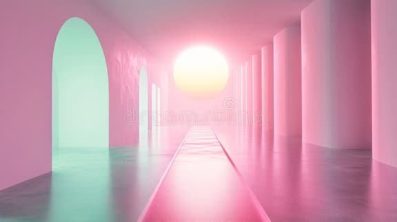 Pink Hallway with Sunset and Water Reflection Stock Illustration ...