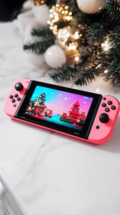Pink Handheld Gaming Console with Festive Screen Stock Photo - Image of ...