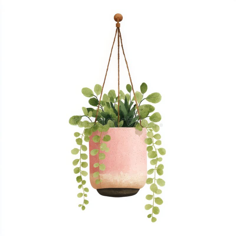 Pink Hanging Planter with Green Plants Illustration Stock Illustration - Illustration of ...