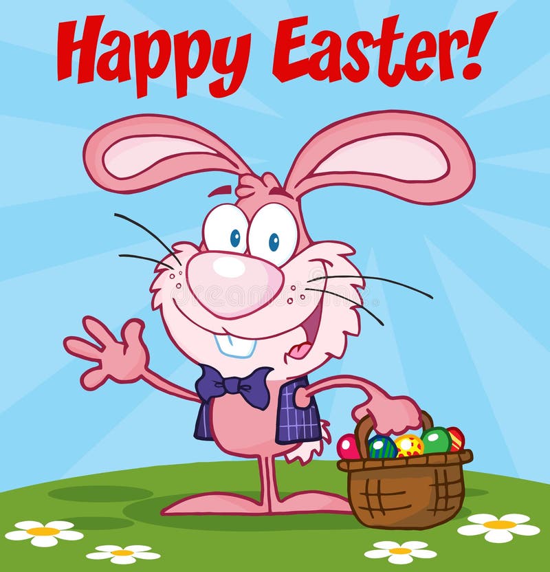 Pink Happy Easter Bunny Carrying a Basket of Eggs Stock Vector ...