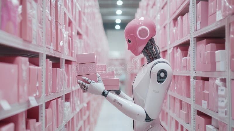 A Pink-Headed Robot Working in a Pink-Box Warehouse Stock Illustration ...