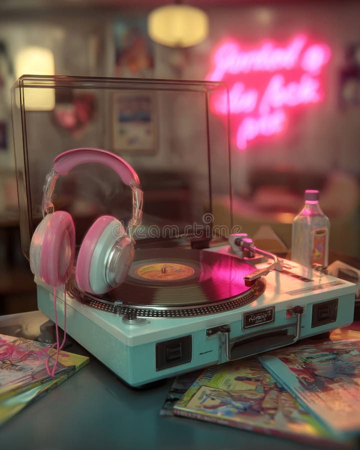 Pink Headphones on Teal Retro Record Player Stock Illustration - Illustration of vintage ...