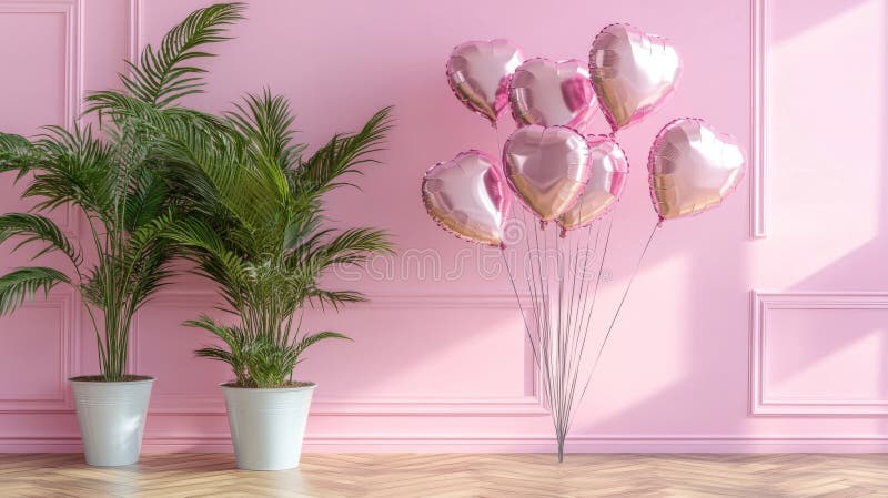 Pink Heart Balloons and Palm Plants in a Pink Room Stock Illustration ...