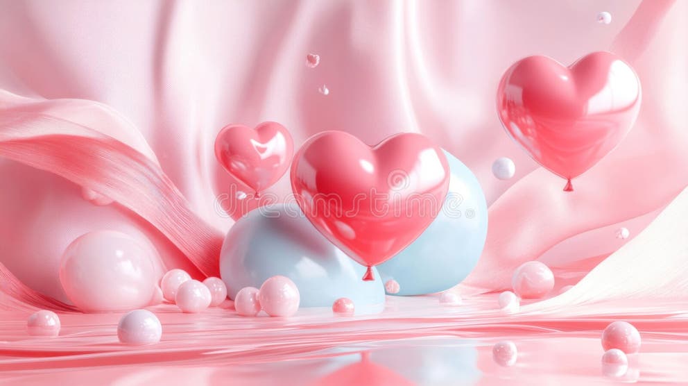 Pink Heart Balloons and Spheres on Silk Drape Stock Illustration ...