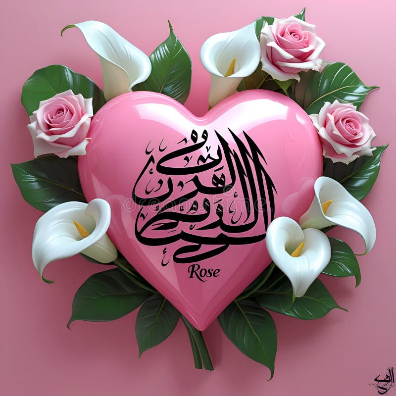 Pink Heart with Black Arabic Calligraphy and White Roses Stock ...
