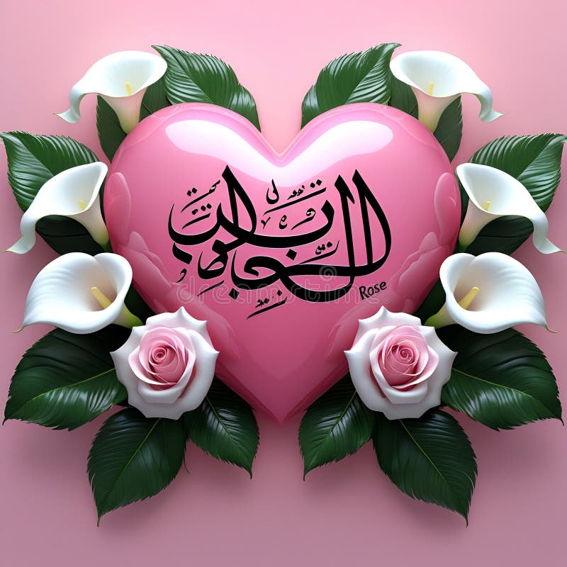 Pink Heart with Black Arabic Calligraphy and White Roses Stock ...
