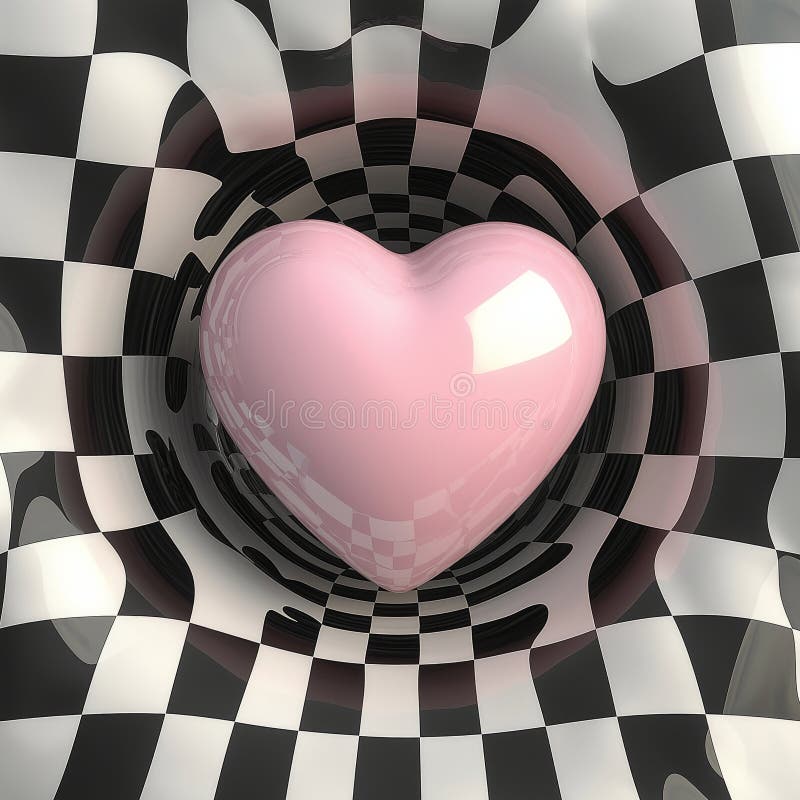 Pink Heart on Distorted Checkered Background Reflecting Abstract ...